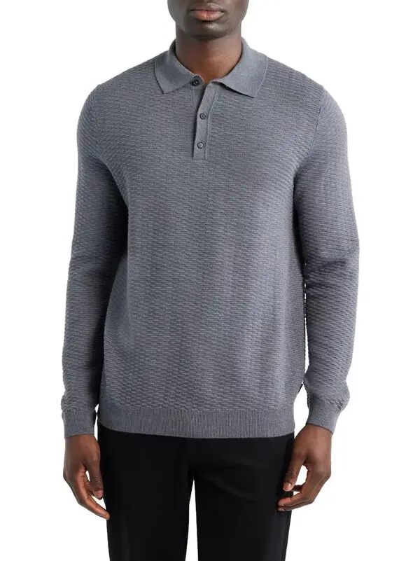 BOSS Diluigi Long Sleeve Virgin Wool Blend Polo Sweater - Grey