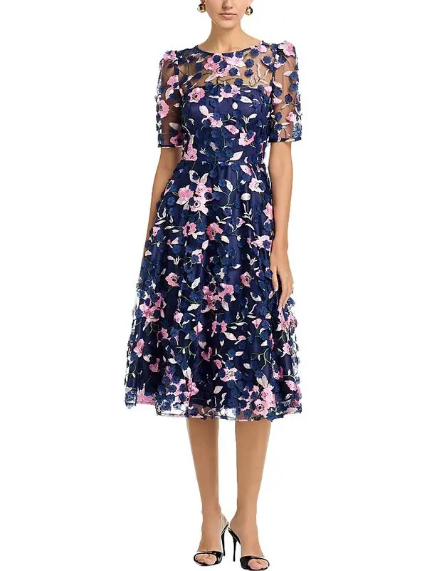 Eliza J Floral Elbow Sleeve Short Dress - Navy