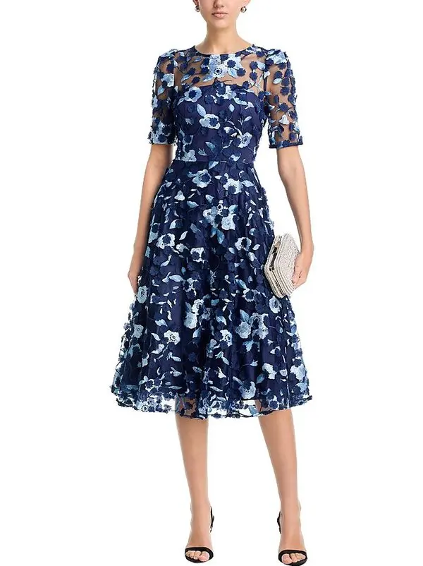 Eliza J Floral Elbow Sleeve Short Dress - Navy