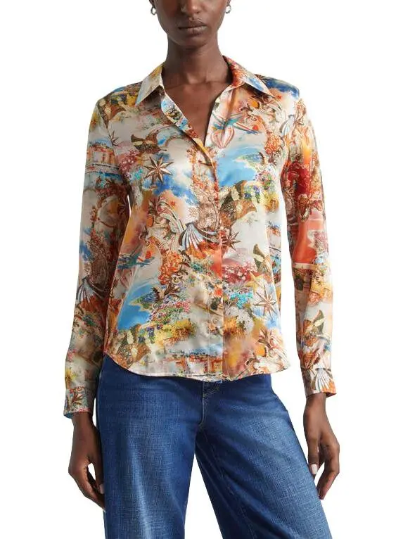L'Agence Tyler Collage Print Silk Button-up Shirt - Ivory Multi Collage