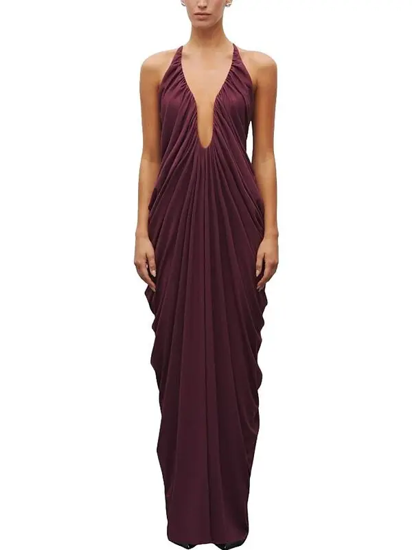 HEIRESS BEVERLY HILLS Draped Halter Gown - Mauve Wine