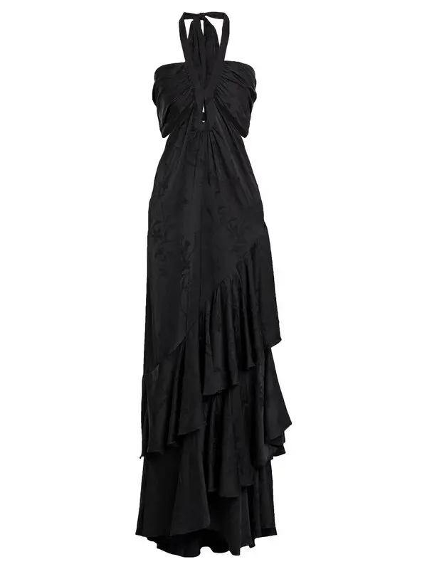 Johanna Ortiz Balladist Tiered Satin-jacquard Maxi Dress - Black