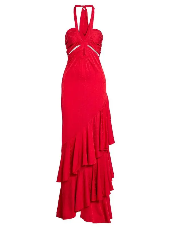 Johanna Ortiz Balladist Tie Satin-jacquard Halterneck Maxi Dress - Red
