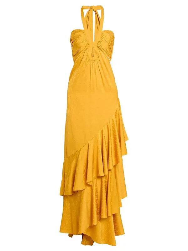 Johanna Ortiz Balladist Tiered Satin-jacquard Halterneck Maxi Dress - Saffron