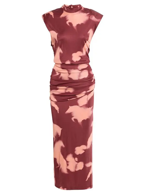 Johanna Ortiz Running Horses Ruched Printed Jersey Maxi Dress - Burgundy
