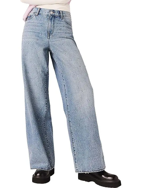 Maje Rhinestone Embellished Wide Leg Jeans - Blue