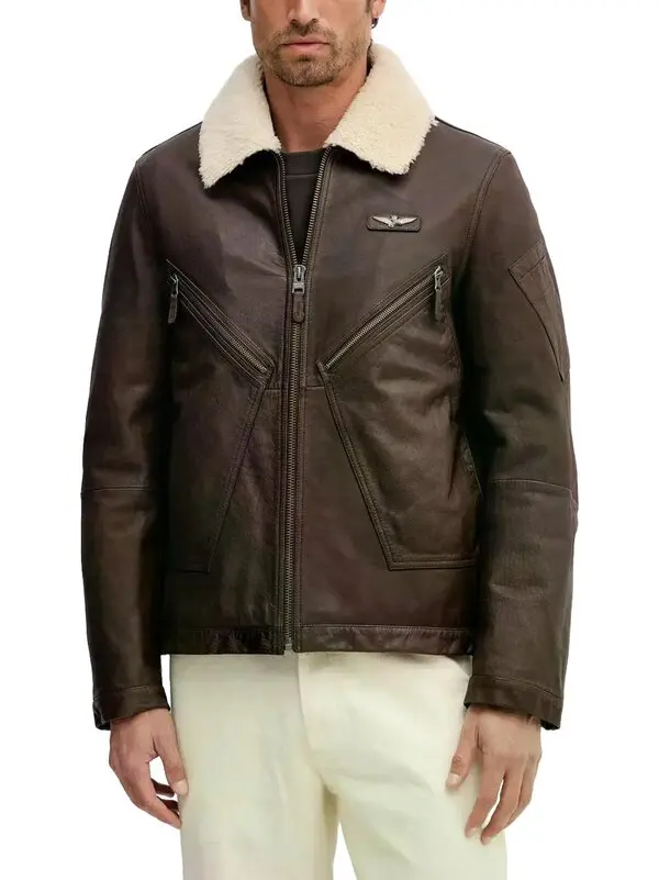 AERONAUTICA MILITARE Leather Jacket With Shearling Collar - Brown