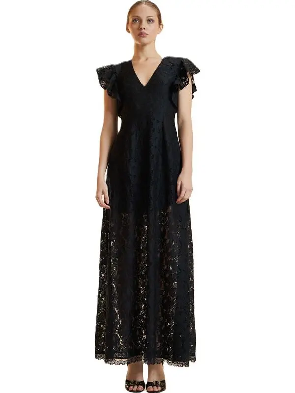 Cynthia Rowley Lace Flutter Sleeve Midi Dress - Black