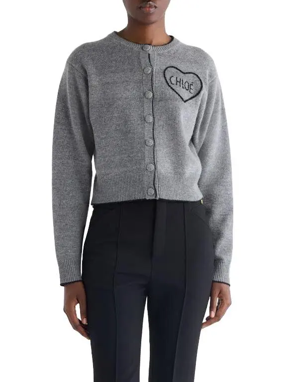 Chloé Embroidered Logo Wool & Cashmere Crop Cardigan - Divine Grey