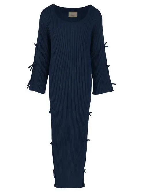 Alexandra Bueno Ribbed Knit Midi Dress With Bow Detail - Navy