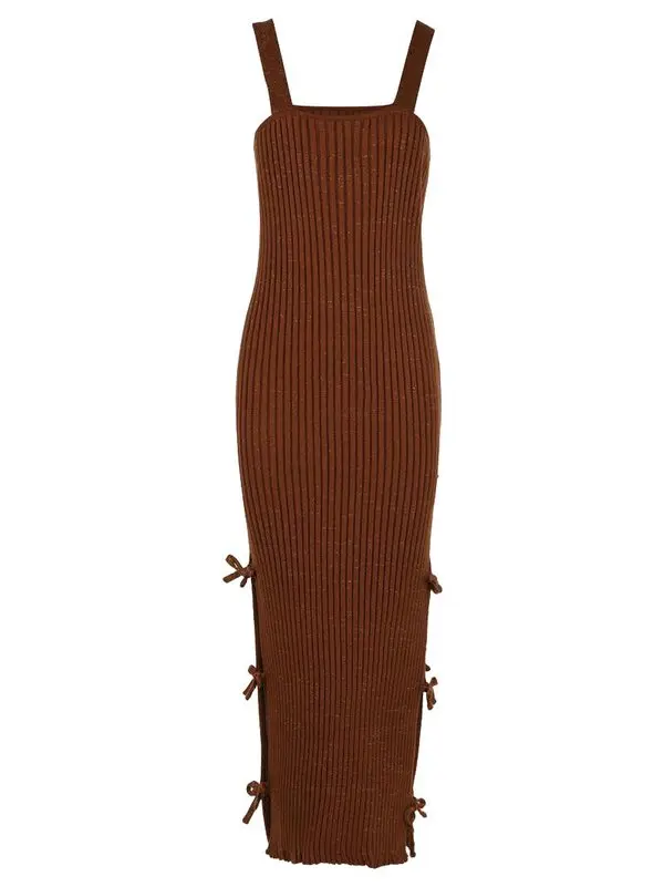Alexandra Bueno Ribbed Knit Midi Dress With Bow Detail - Brown