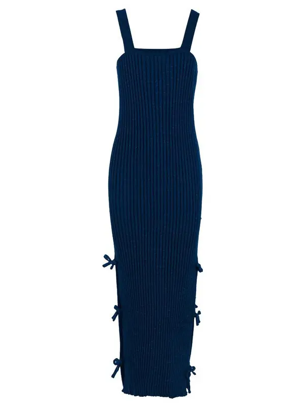 Alexandra Bueno Ribbed Knit Midi Dress With Bow Detail - Navy