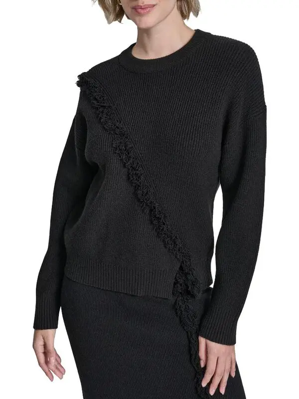 Dkny Fringe Detail Ribbed Crewneck Sweater - Black