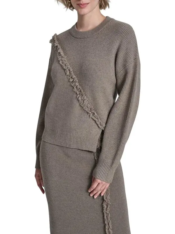Dkny Fringe Detail Ribbed Crewneck Sweater - City Taupe Heather