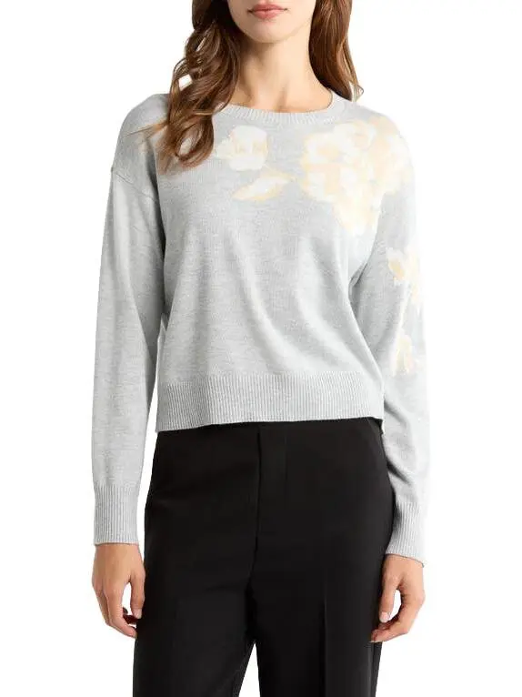 Vince Camuto Floral Motif Crewneck Sweater - Pearl Heather