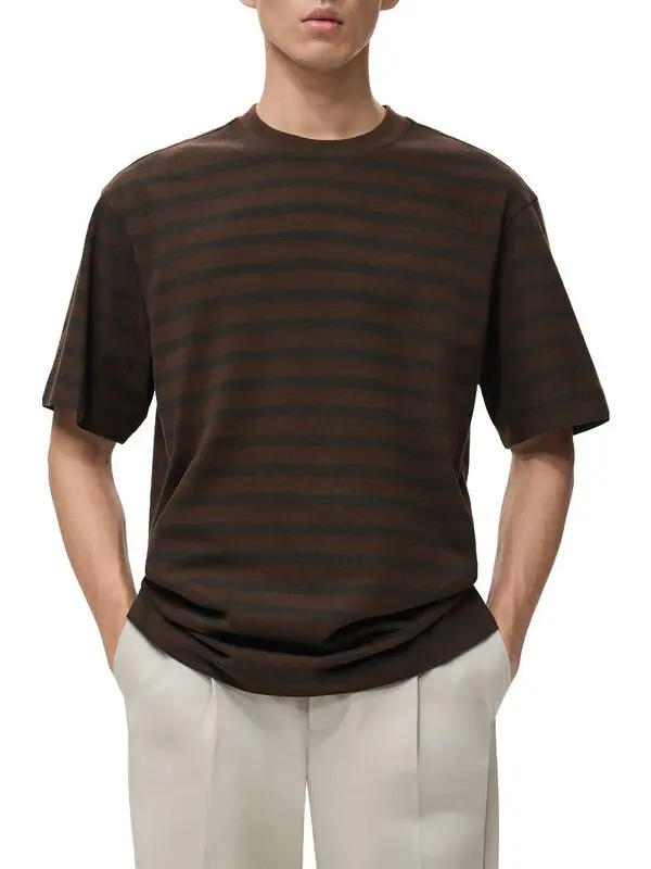 Mango Stripe Relaxed Fit Cotton Crewneck Shirt - Medium Brown