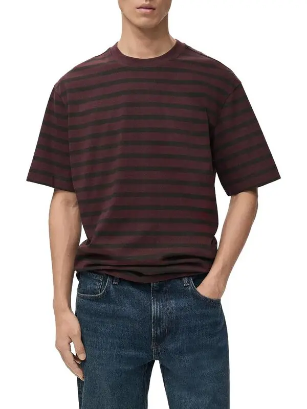 Mango Stripe Relaxed Fit Cotton Crewneck Shirt - Wine