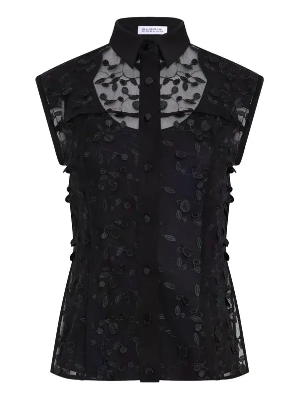 GLORIA COELHO Floral Appliqué Buttoned Shirt - Black