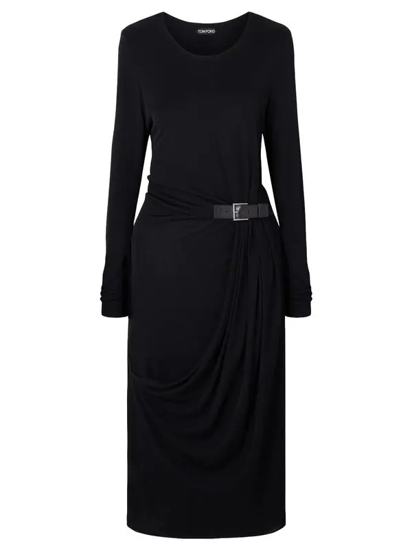TOM FORD Belted Draped Jersey Midi Dress - Black
