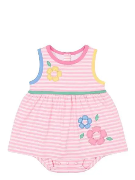 FLORENCE EISEMAN Stripe Knit Romper With Appliqué Flowers - Pink/white