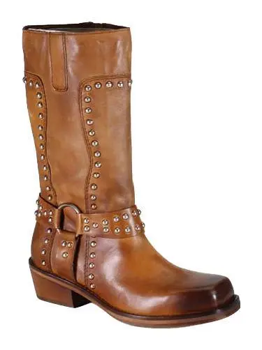 DIBA TRUE Val Uable Leather Mid-calf Studded Harness Boots - Tan