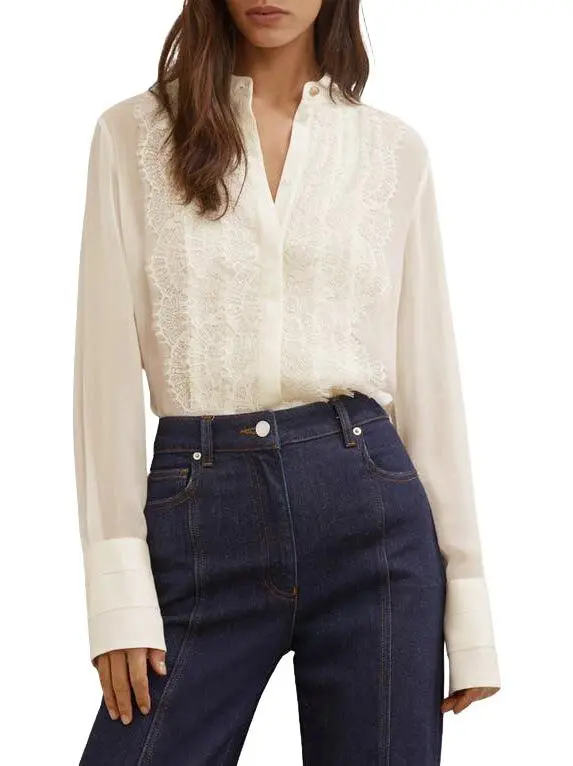 REISS Lace Trim Button-up Shirt - Cream