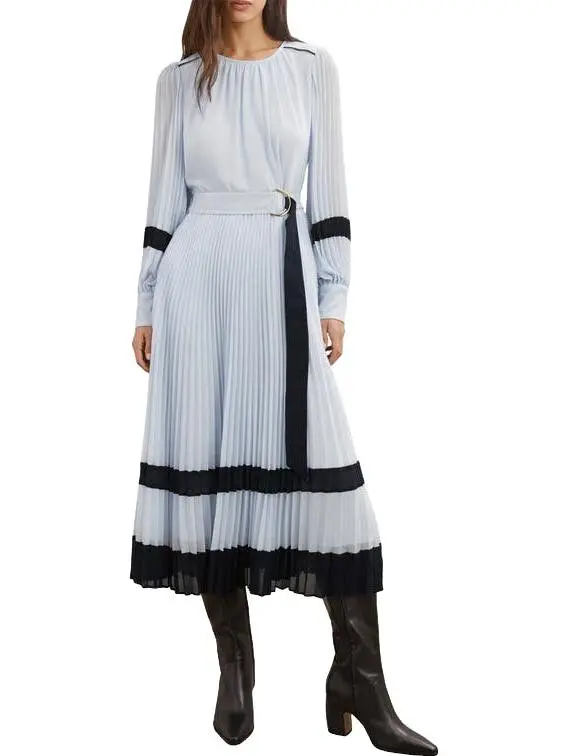 REISS Tori Long Sleeve Pleated Dress - Blue/navy