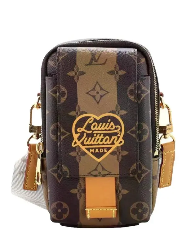 LOUIS VUITTON Nigo Flap Double Phone Pouch Limited Edition Stripes Monogram Canvas Crossbody Bag - Brown