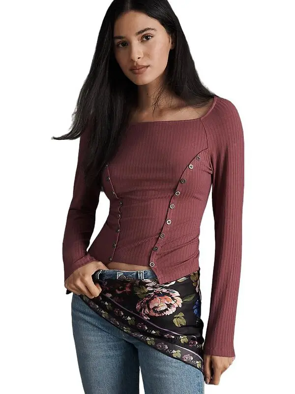 Anthropologie Buttoned Boatneck Thermal Top - Pomegranate