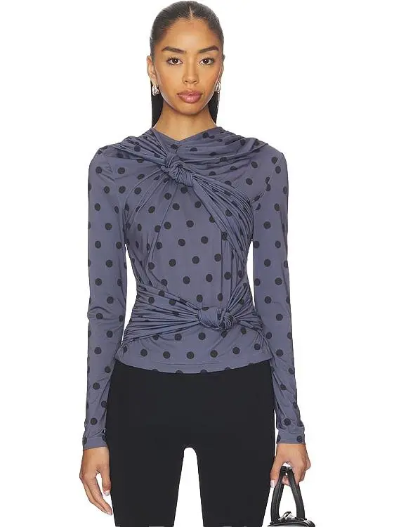 Rokh Knotted Jersey Top - Black Dotted Gray