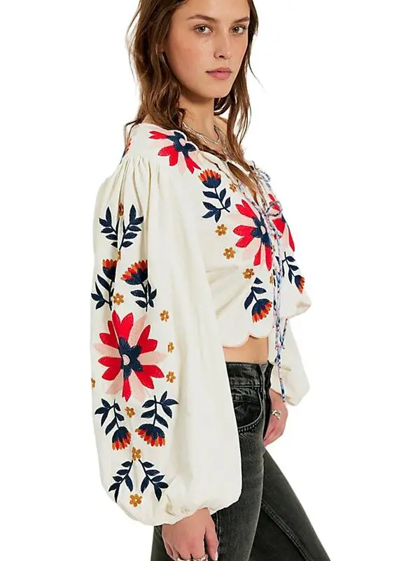 Free People Embroidered Tie-front Blouse - Ivory Combo