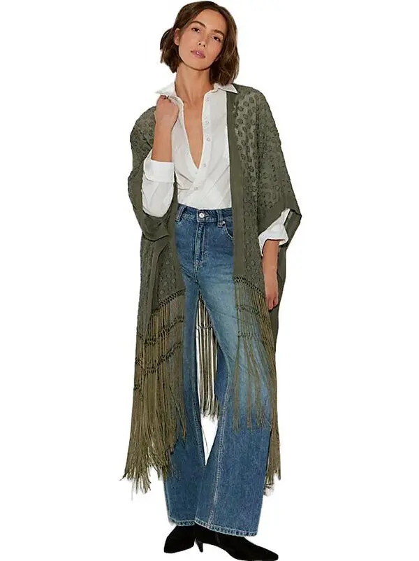 Free People Forever Fringe Open Duster - Slate Green