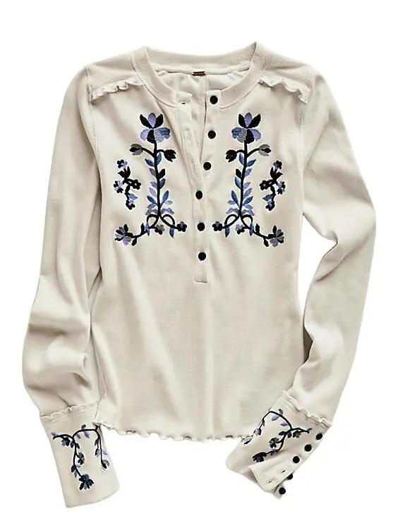 Free People Embroidered Cuff Henley - Tea Cookie