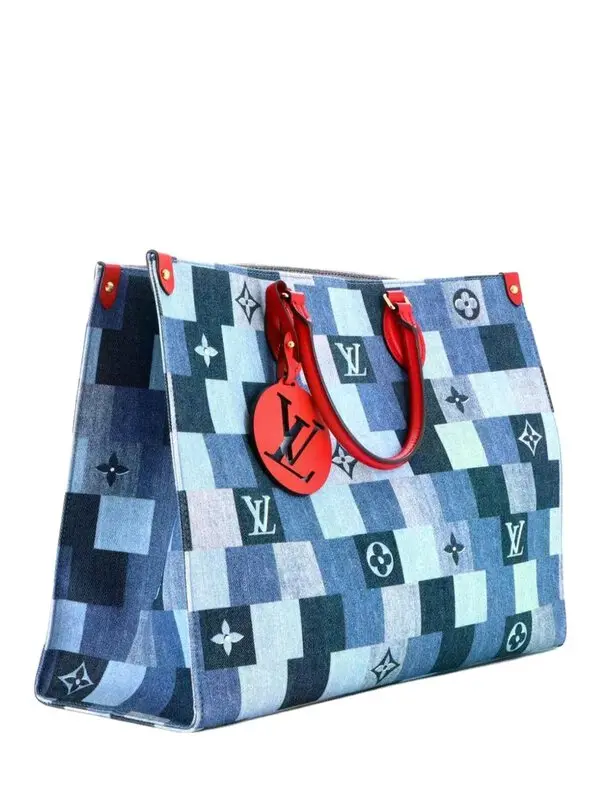 LOUIS VUITTON Onthego Damier And Monogram Patchwork Denim Gm Tote Bag - Blue