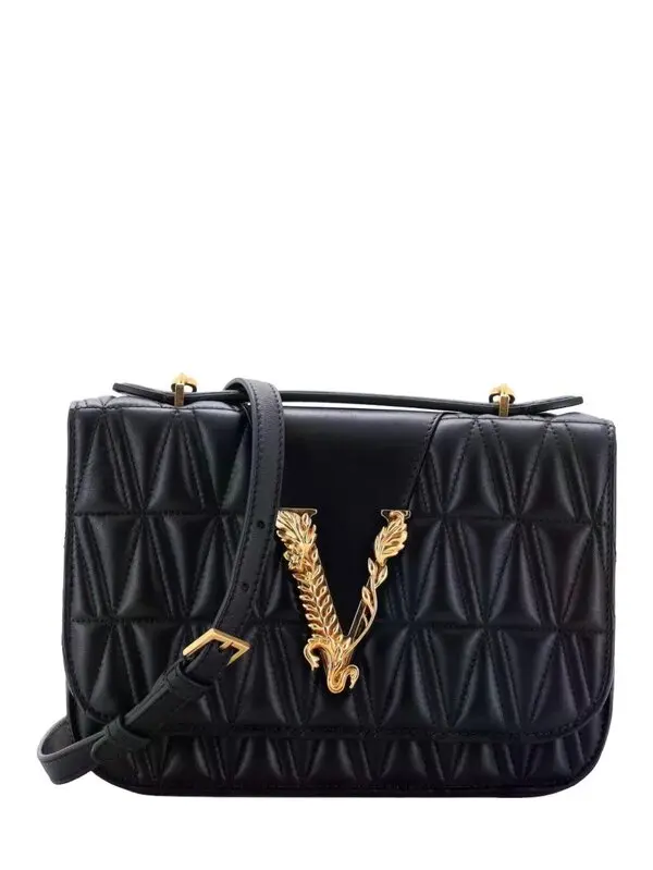 Versace Virtus Flap Quilted Leather Shoulder Bag - Black