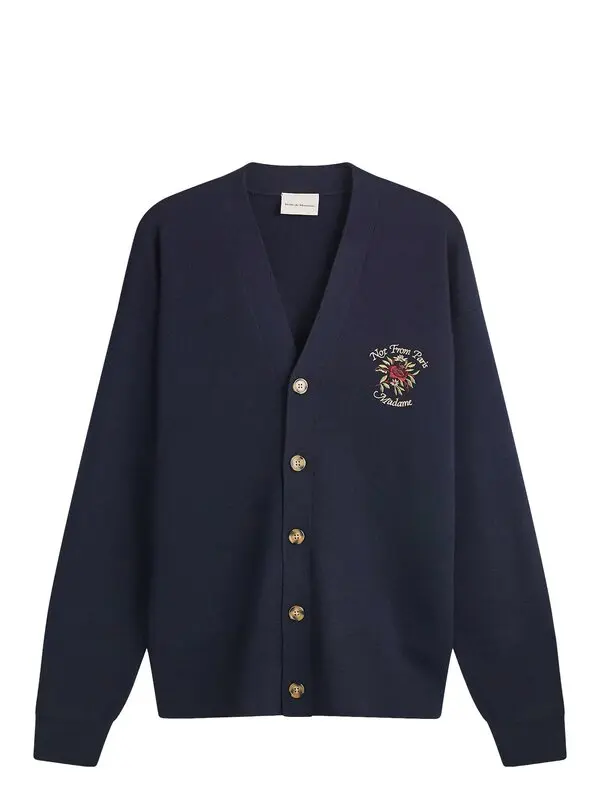 Drole De Monsieur Rose Slogan Merino Wool Cardigan - Navy