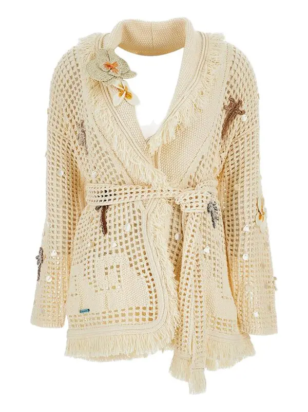 Alanui Long Cardigan With Pins And Mother-of-pearl Details - Beige