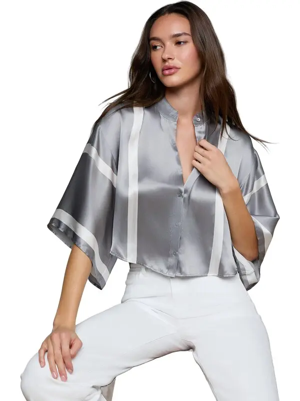 L'Agence Dru Silk Blouse Top - Light Grey/white Placement Stripe
