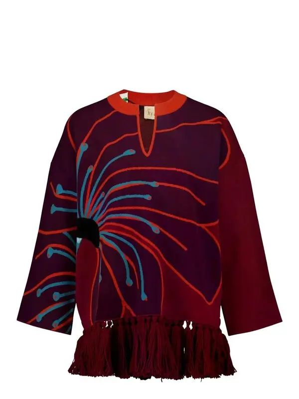 PAULA Fringe-detail Jacquard Sweater - Red