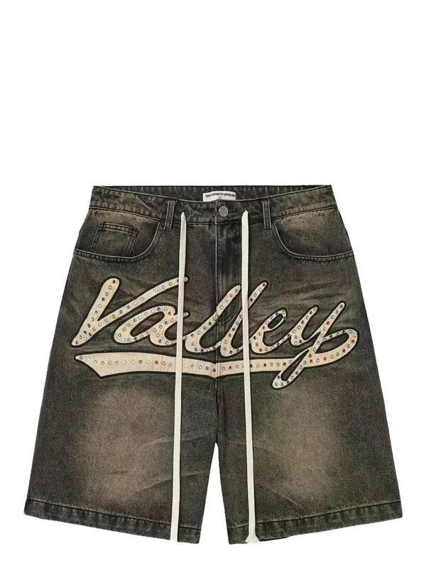 VALE FOREVER Embroidered Denim Shorts - Grey