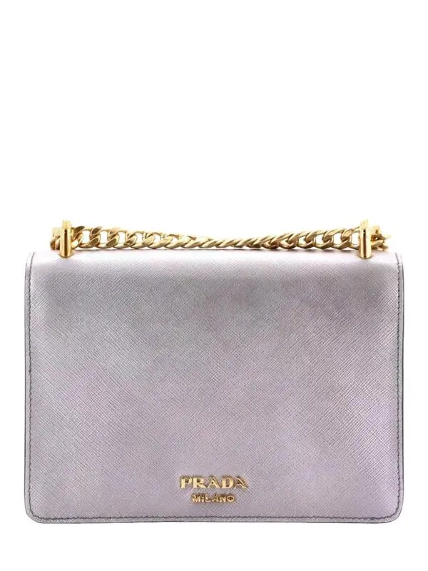 Prada Envelope Flap Chain Shoulder Bag Saffiano Leather Small Crossbody - Silver