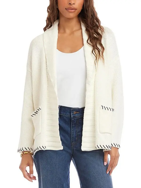 Karen Kane Contrast Stitch Open Front Cardigan - Off White/ Natural