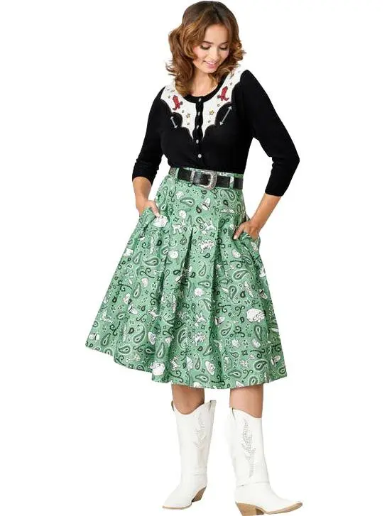 Unique Vintage Pleated Midi Skirt - Green Toy Story Bandana
