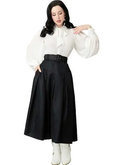 Unique Vintage Pleated Midi Skirt - Solid Black