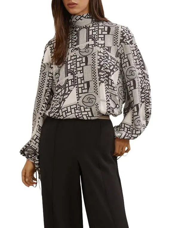 REISS Tile Print Top - Ivory/black
