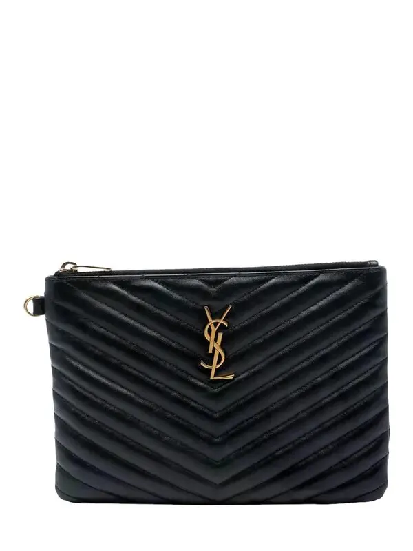 Saint Laurent 2018 Chevron Leather Monogram Zip A5 Wristlet Pouch - Black