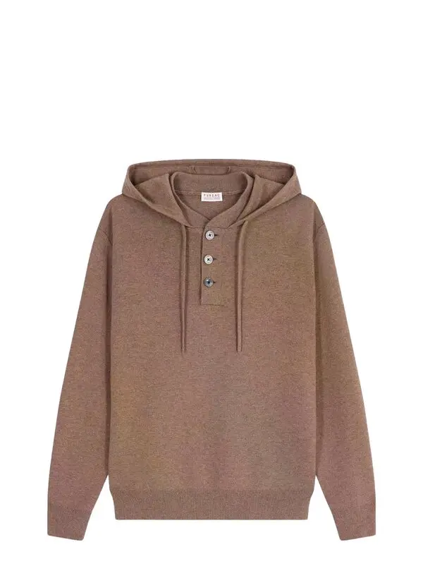 FURSAC Knitted Hoodie With Button Placket - Brown