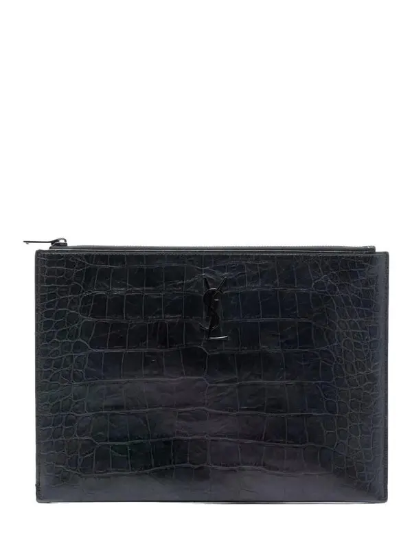 Saint Laurent 2017 Croc Embossed Leather Monogram Document Holder - Black