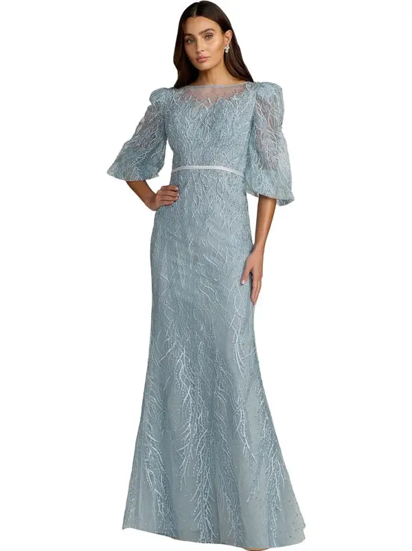 Mac Duggal Embroidered Puff Sleeve Mermaid Gown - Ice Blue