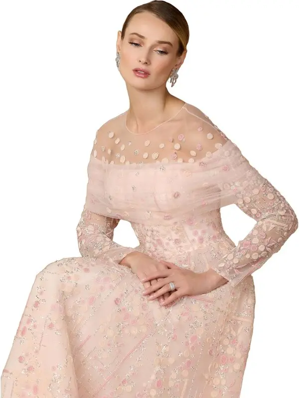 Mac Duggal Embroidered Illusion Long Sleeve Ball Gown - Rose
